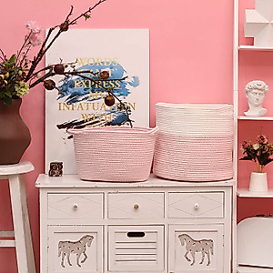 Sea Team Large Size Cotton Rope Woven Storage Basket with Handles, Laundry Hamper, Trunk Organizer, Clothes Toys Bin for Kid's Room, 15 x 13 inches, Round Open Design, White & Variegated Pink