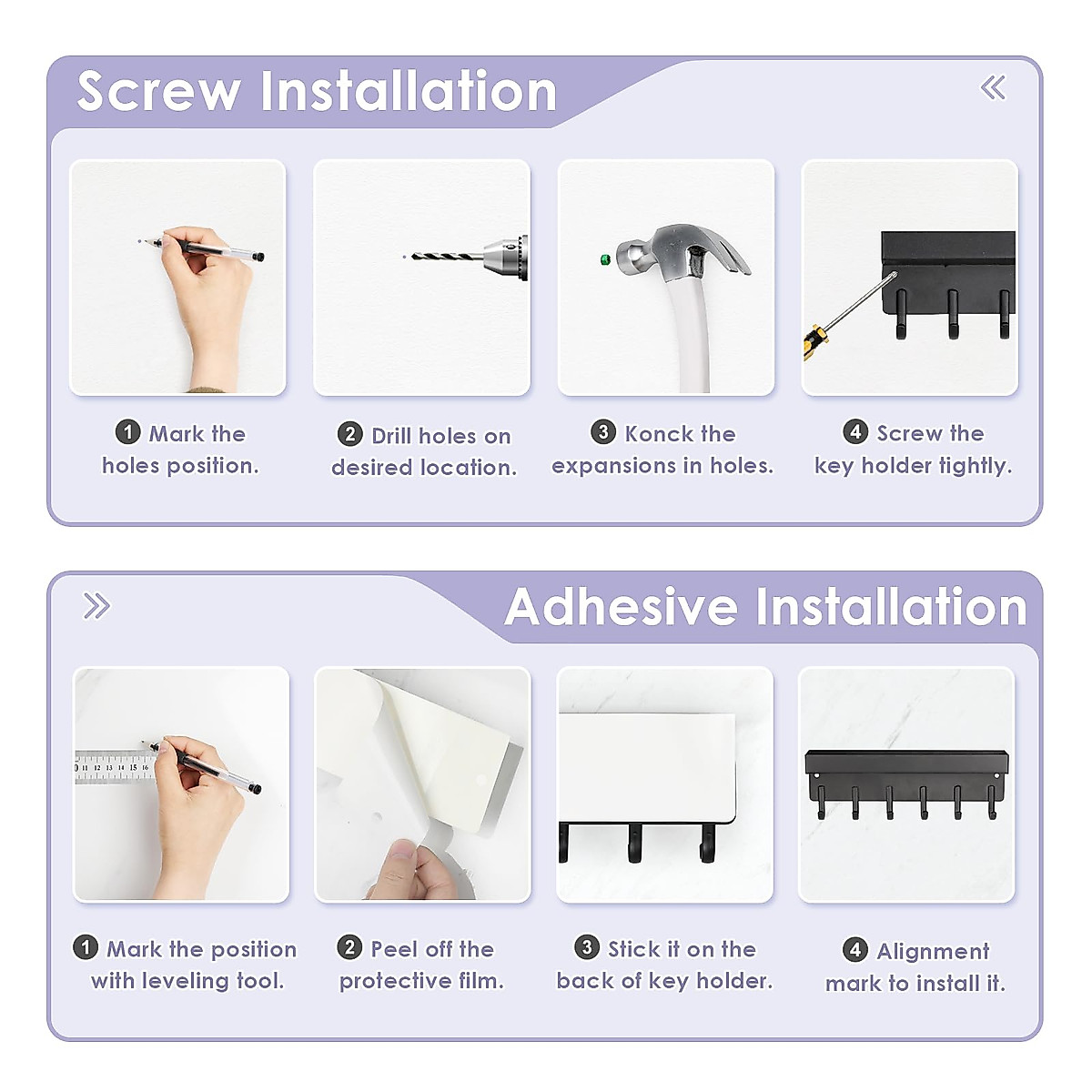 VIS'V Key Holder Wall Mount, Matte Black Stainless Steel Key Mail Holder Small Key Rack with Tray Adhesive Key Hanger Mail Storge Organizer with 6 Key Hooks for Entryway Hallway Doorway