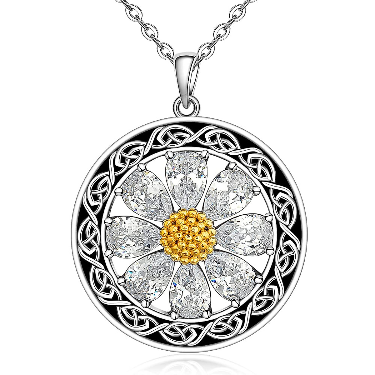 Talonior Daisy Necklace for Women Sterling Silver Celtic Knot Birth Flower Sunflower Necklace Pendant Cubic Zirconia Sunshine Daisy Jewelry Gifts