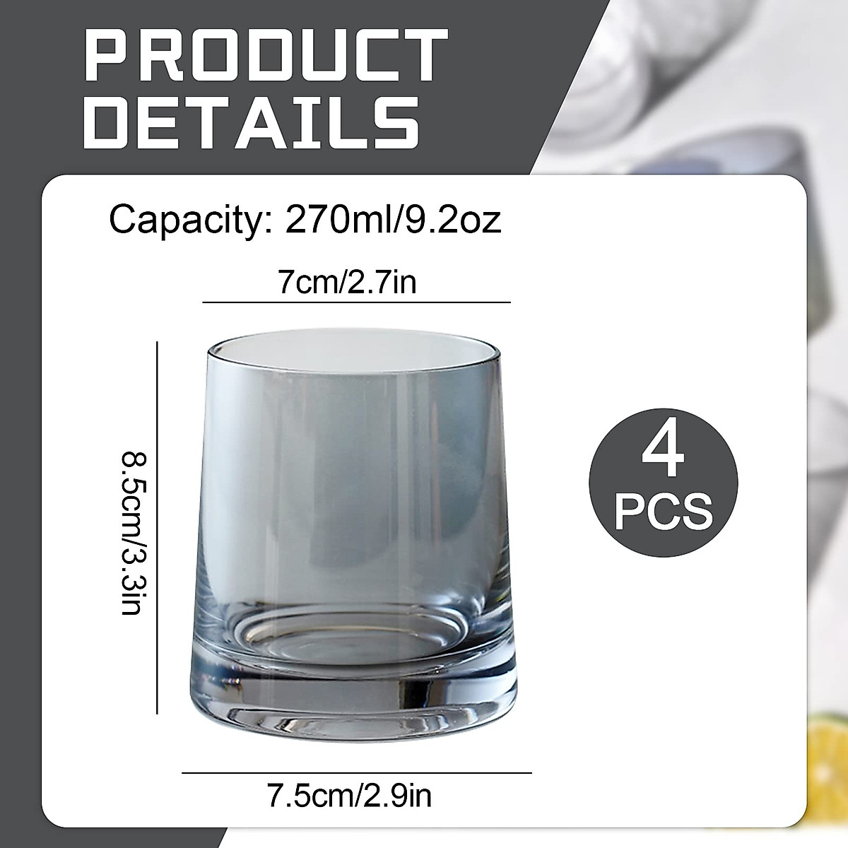 Sekonow Set of 4 Colored Whiskey Glasses, 8.8 Oz Old Fashioned Glass, Rocks Glasses Tumbler, Stemless Drinking Glassware for Men Women Bourbon Scotch Cocktail Tequila Liquor (Gray)