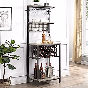 O&K FURNITURE Freestanding Wine Bar Cabinet with Glass Holder, Wine Rack Free Standing Floor, Multifunctinal Wine Cabinet Bar Furniture for Kitchen Dining Room (Gray Finsih)