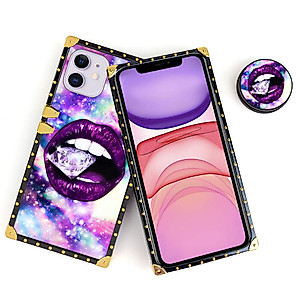 BITOBE Luxury Square Phone Case iPhone 11 with Stand 6.1 Inch 2019 Retro Elegant Soft TPU Design Cover for Women Girls with Ring Holder Kickstand (Purple Galaxy Diamond Lips)