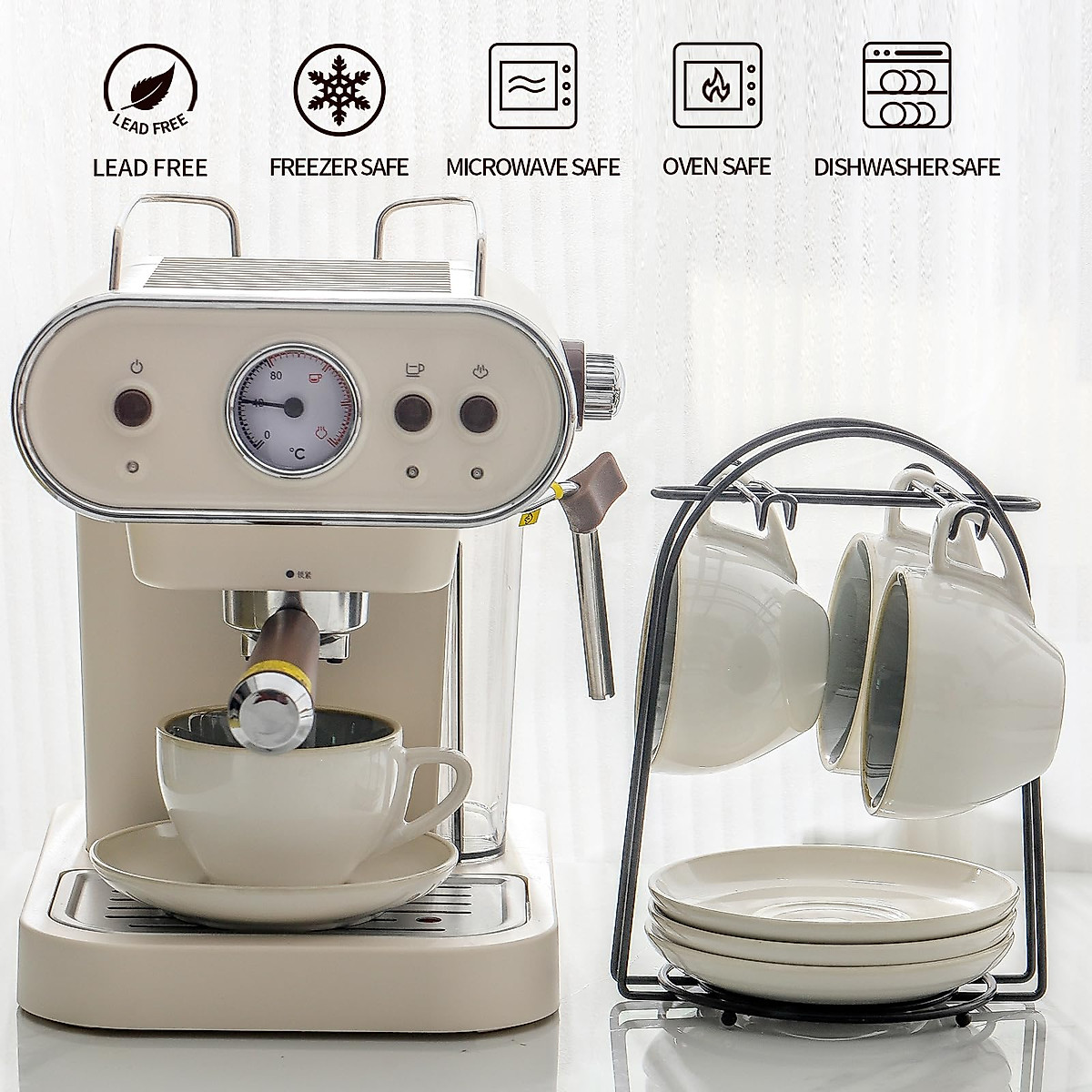 SIDUCAL Stackable Cappuccino Cup Set of 4 [8oz] Ceramic Coffee Cups with Saucers and Cup Holder,Microwave/Dishwasher Safe,Espresso Demitasse Cups(Green)