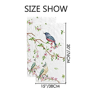Spring Birds on Flowering Branch Fingertip Face Bath Towels, Soft Absorbent Thin Guest Hand Towels, 2 Pack Spring Flowers Decorative Dish Towels for Kitchen Bathroom Hotel Gym, 30x15 Inch