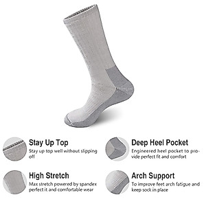 GKX Men's Merino Wool Moisture Wicking Themal Outdoor Hiking Work Boot Heavy Cushion Crew Socks(Grey)