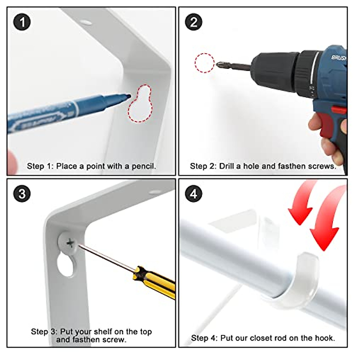 Closet Rod Brackets with 32" Rod, Heavy Duty Closet Shelf Brackets with Rod Holder for Shelf Storage and Hanging Clothes, 2 Pack Wall Mount Closet Pole Supports Bracket, White