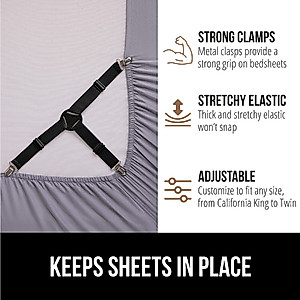 Gorilla Grip Bed Sheet Straps, Adjustable Elastic Fasteners with Metal Clips, Keep in Place Fitted Bedding Holder, Easy Install Suspenders Mattresses, Firm Tight Accessories, 4 Pack Black