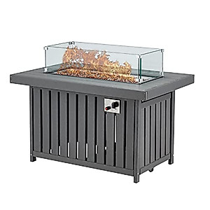 43'' Propane Fire Pit Table, 50,000 BTU Gas Fire Pit , CSA Certified Outdoor Patio Fire Table with Glass Wind Guard, Fire Glass and Lid, Safe for Garden Deck Patio Backyard (Grey)