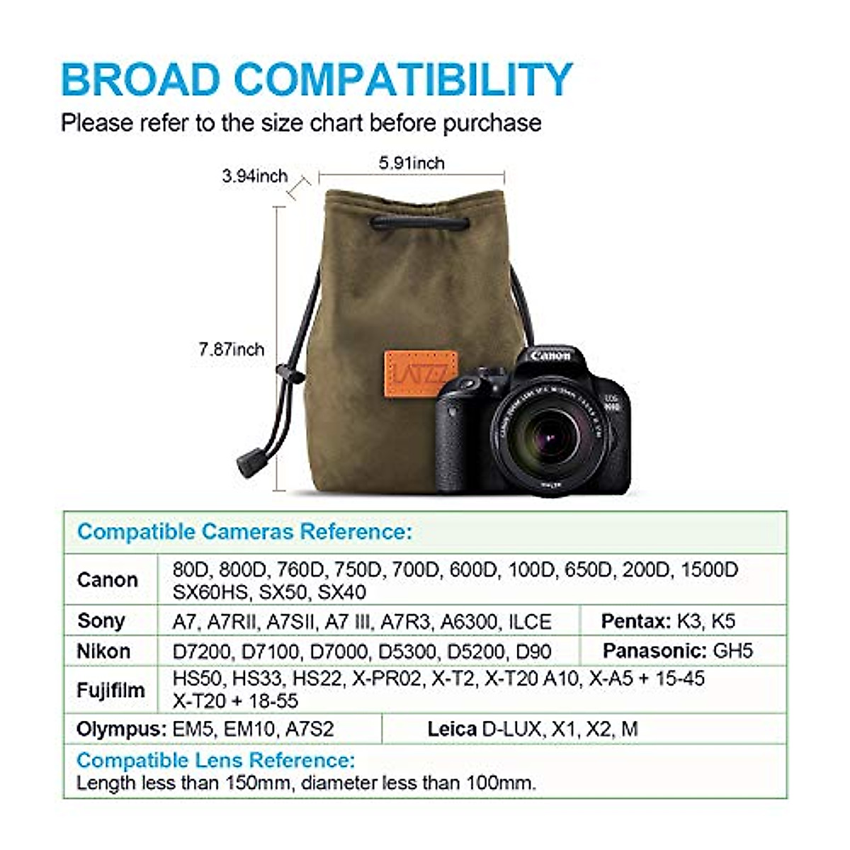 Camera Bag, LATZZ Camera Case, Drawstring Soft Camera Bag with Adjustable Strap, Vintage DSLR Lens Case Gadget for Traveling and Camera Storage