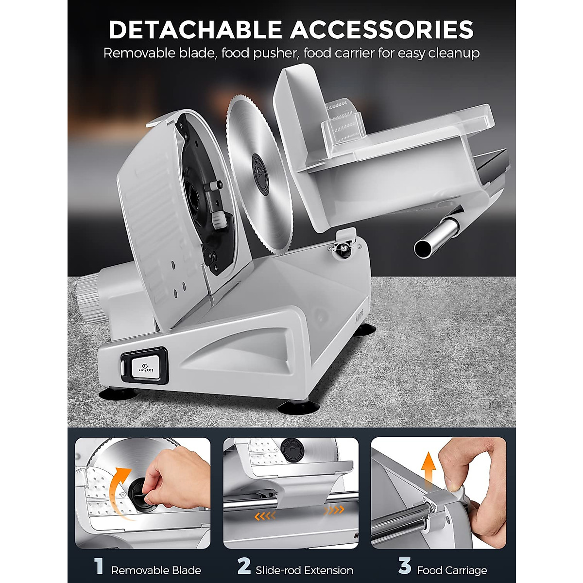 MIDONE Meat Slicer 200W Electric Deli Food Slicer with Two Removable 7.5’’ Stainless Steel Blade, Adjustable Thickness for Home Use, Child Lock Protection, Silver