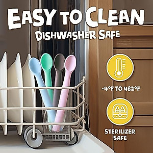 MONEE Baby Spoons | Gentle on Gums Silicone Baby Spoon | BPA-Free Dishwasher Safe Baby Utensils 6-12 Months | Baby Spoons Self Feeding 6+ Months | Silicone Feeding Supplies (Pink & Green)