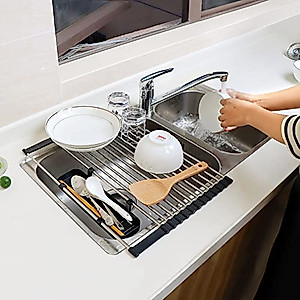 DMJWAN Roll Up Dish Drying Rack,Foldable Sink Rack with 2 Storage Baskets, Rollup & Stretchable,SUS304 Stainless Steel , for Kitchen Dishes,（Expandable Size22.8" X 12.7"）