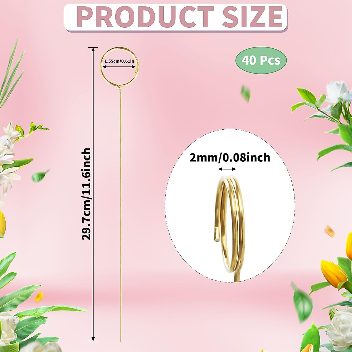 Rimoev 40 Pcs Floral Card Holder Picks, 12 Inch Round Picture Holders, Photo Holder Pick Stick, Gold Floral Place Card Holder, Floral Picks Clips, Photo Picture Holder for Weddin