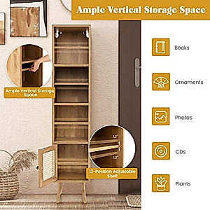 Giantex 54" Tall 4-Tier Bookcase with Door, Freestanding Slim Narrow Book Cabinet with Adjustable Shelf, Vertical Bookshelf with Leg, Open Shelving Display Rack, Boho Wooden 4-Cube Storage Organizer