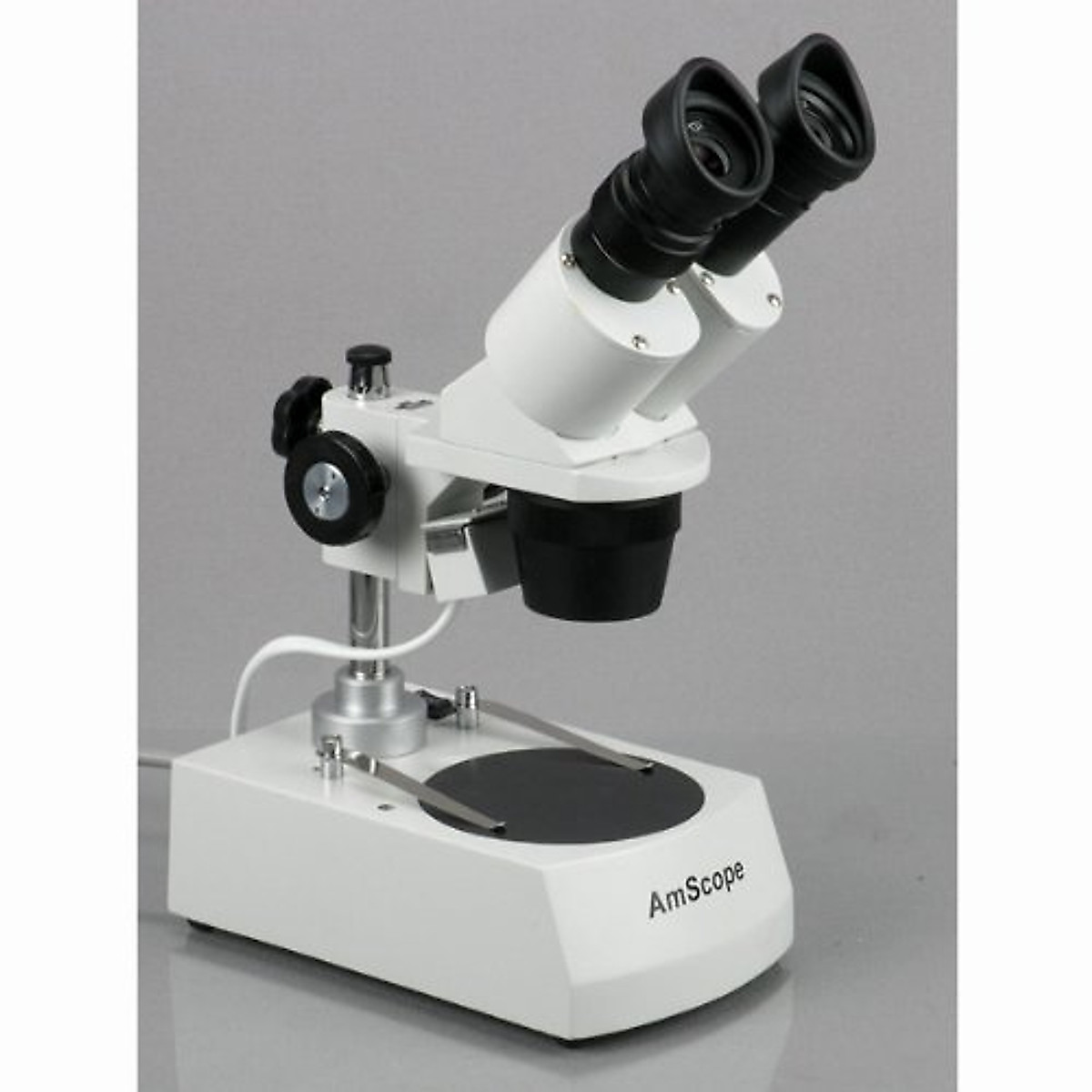 AmScope SE305R-PZ Forward Binocular Stereo Microscope, WF10x and WF20x Eyepieces, 10X-60X Magnification, 1X and 3X Objectives, Upper and Lower Halogen Light Source, Pillar Stand, 120V , White