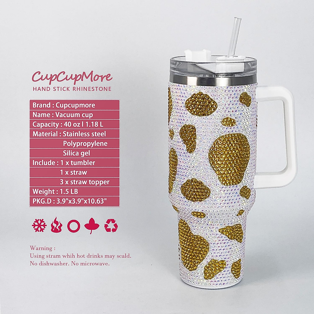 Cupcupmore 40oz Golden Cow Bling Rhinestone Stainless Steel Sippy Tumbler Glitter Vacuum Insulated Water Bottle with Straw & Lid & Handle,Thermos for Hot & Cold Drinks,Car Cup Holder,Coffee