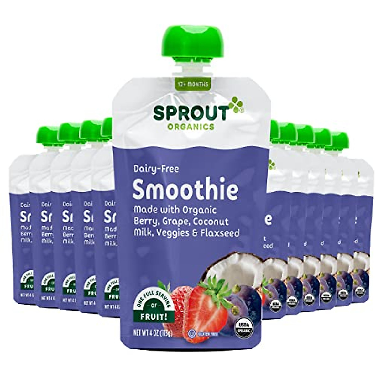 Sprout Organic Baby Food, Stage 4 Toddler Smoothie Pouches, Berry Grape with Coconut Milk, 4 Oz Purees (Pack of 12)
