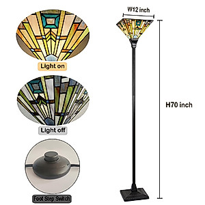 COTOSS Tiffany Torchiere Floor Lamp,70" Tall Stained Glass Floor Light,Antique Style Mission Standing Corner Lamp for Living Room Bedroom and Home Office