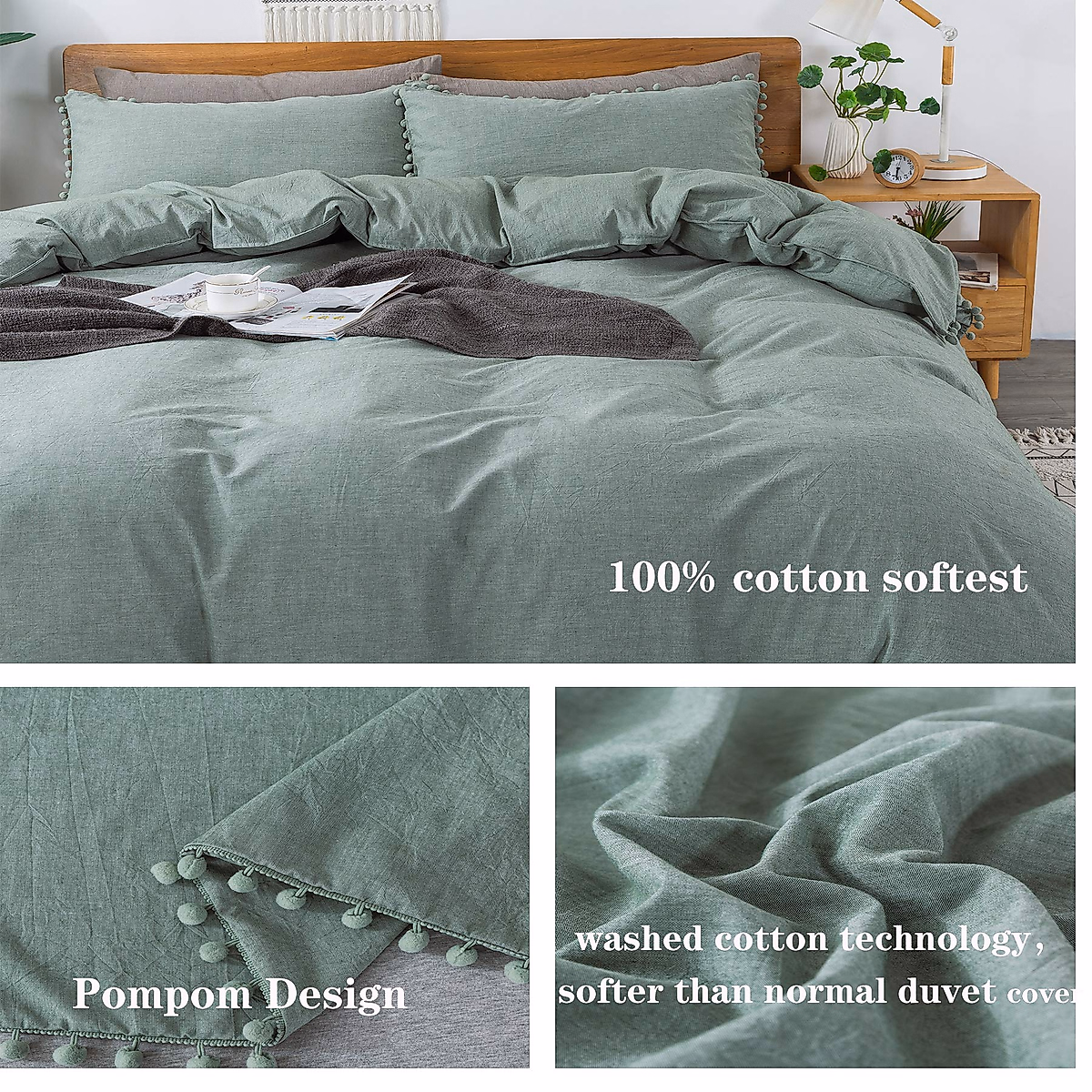 Softta 20x36 Pompom Pillow Shams Pillow Covers 2 pcs Ball Trimmed Cute Pretty Girls Pillowcases 100% Cotton Green Cover Twin/Full/Queen (NO Comforter NO Filling)