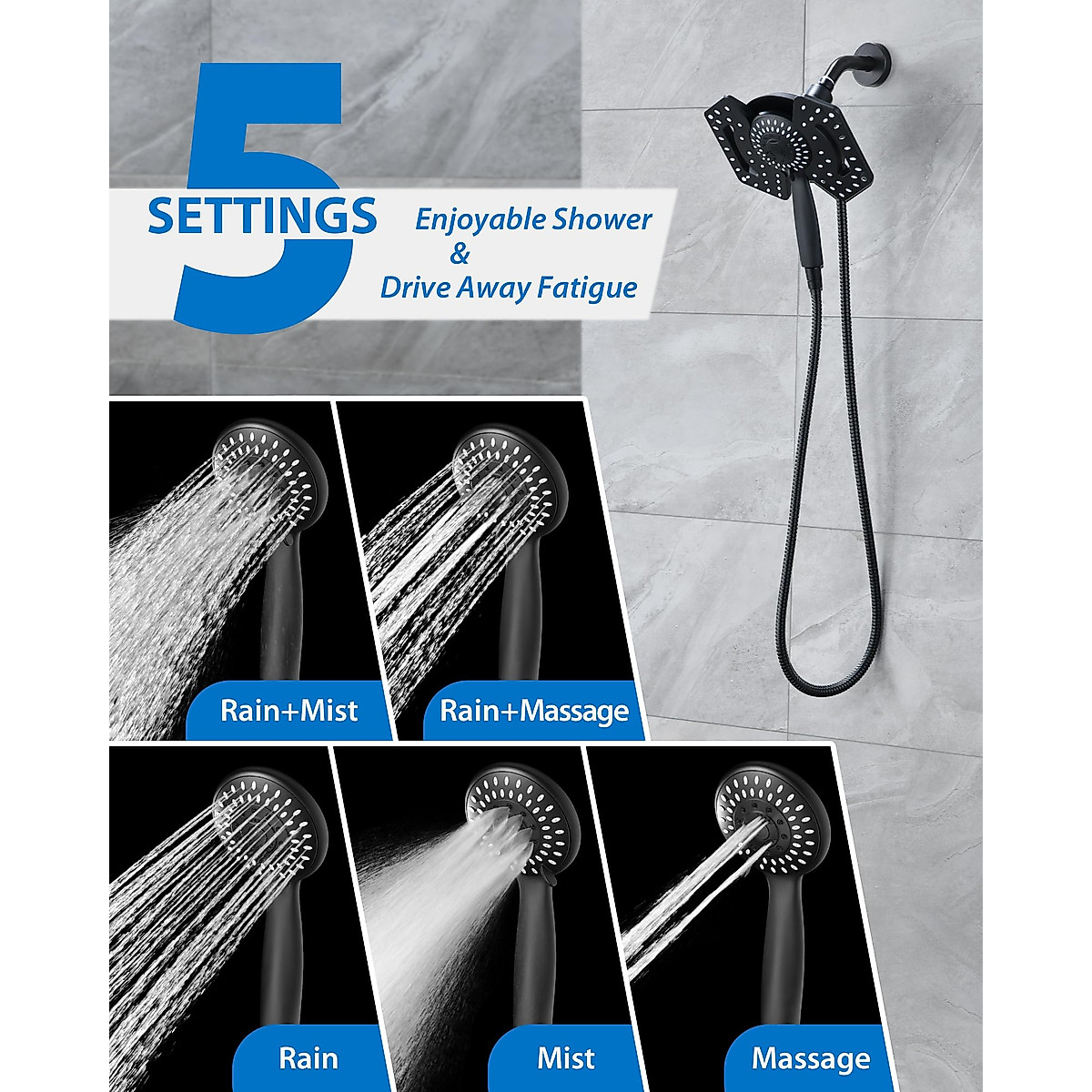 Black Shower Head with Handheld: 2-in-1 Shower Head High Pressure with Rainfall Shower Head Handheld Shower head Detachable Shower Head with Hose, 2.5GPM Double Shower Head Dual Shower Head Cambo