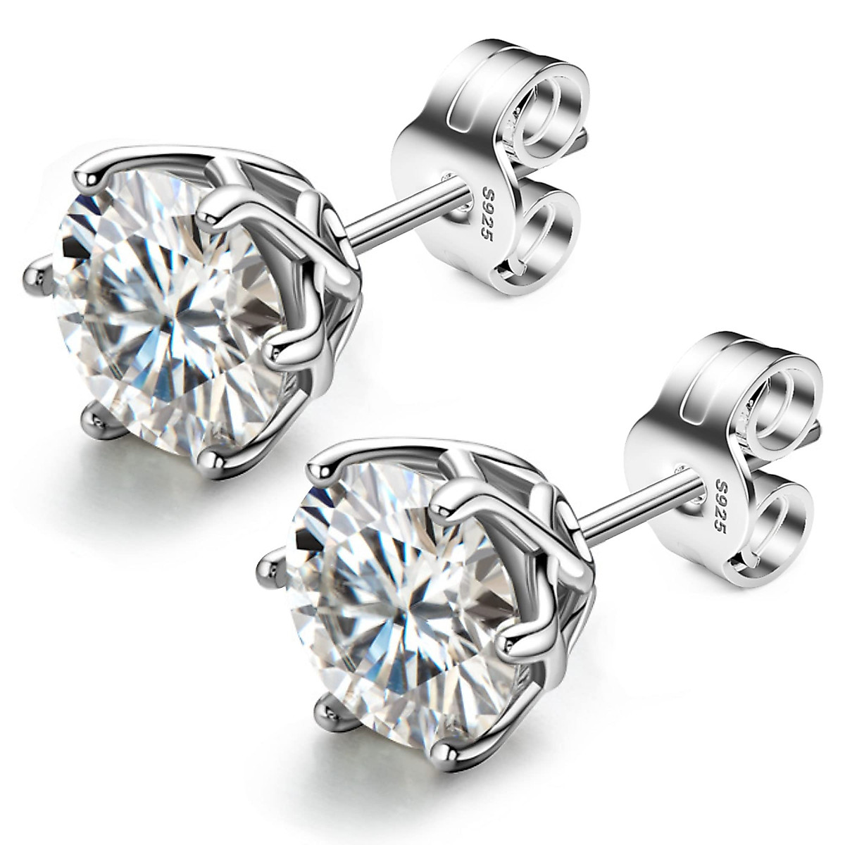 NEOSHOW 18K White Gold Plated Brilliant Cut Simulated Diamond Cubic Zirconia Sterling Silver Hypoallergenic CZ Stud Earrings for Women Men 6 Prongs Setting