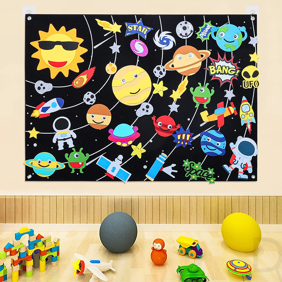 HomeMall 43Pcs Outer Space Felt Board Story Set, 3.5 Ft Toddlers Kids Solar System Universe Learning Storytelling Flannel Board, Rocket Astronaut Planets Galaxy Play Kit with for Boys Girls