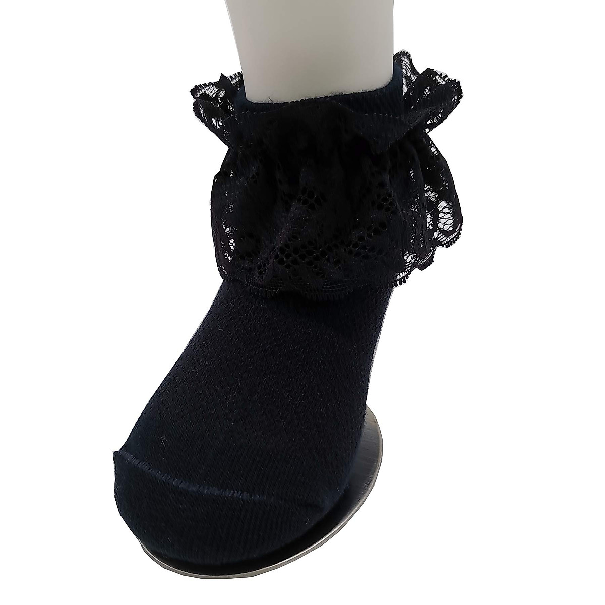 Xiyadun Toddler & Girls Eyelet Frilly Dress Socks Ruffle Lace Cotton Socks(Black-3 pairs, 8-11 Years)