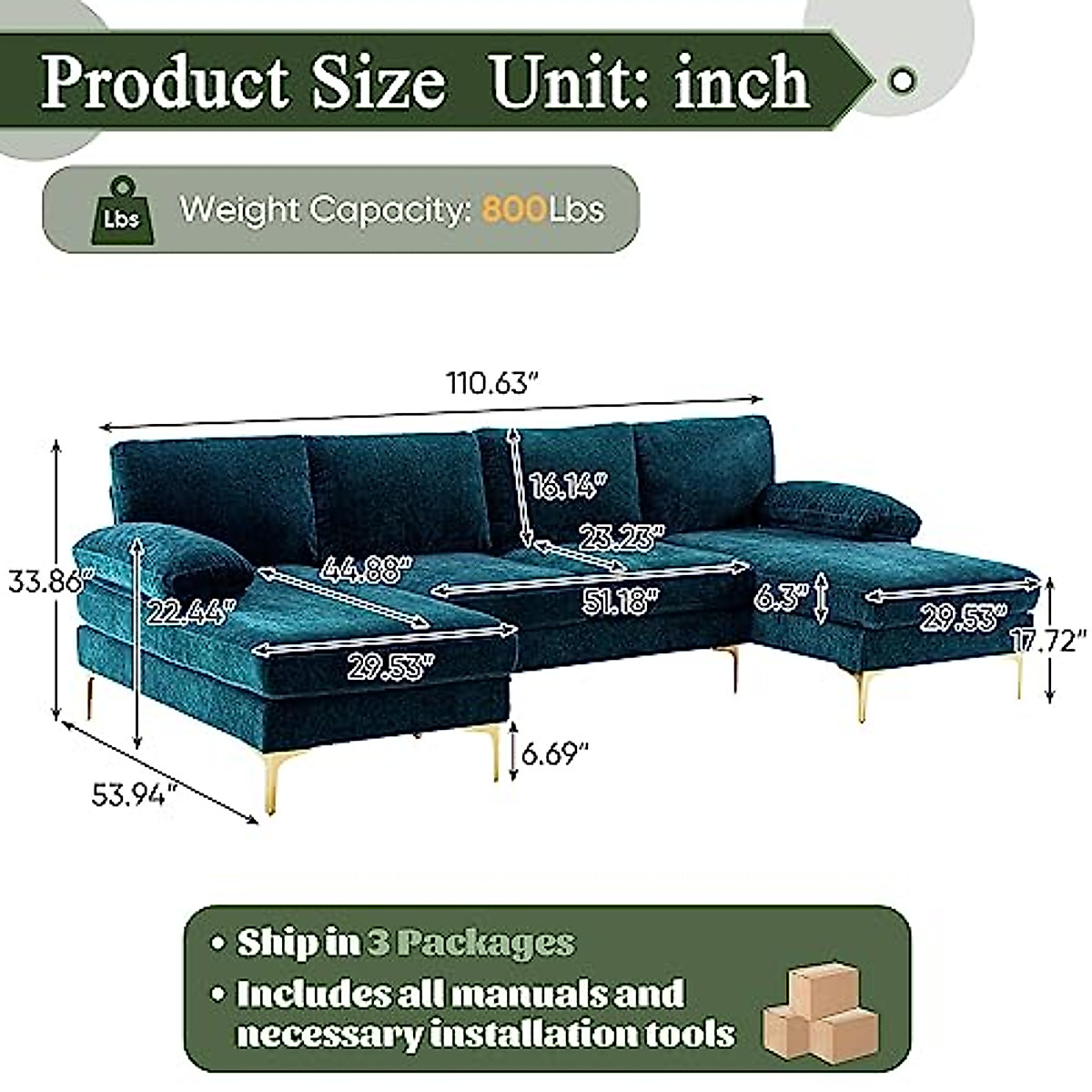 U-Shaped Sectional Sofa Comfy Couch for Living Room Set, 110 inches Wide Modern Large 4-Seat Couch Convertible Soft Velvet Couch Set with Double Chaise Lounge (Teal Blue, Chenille Fabric)