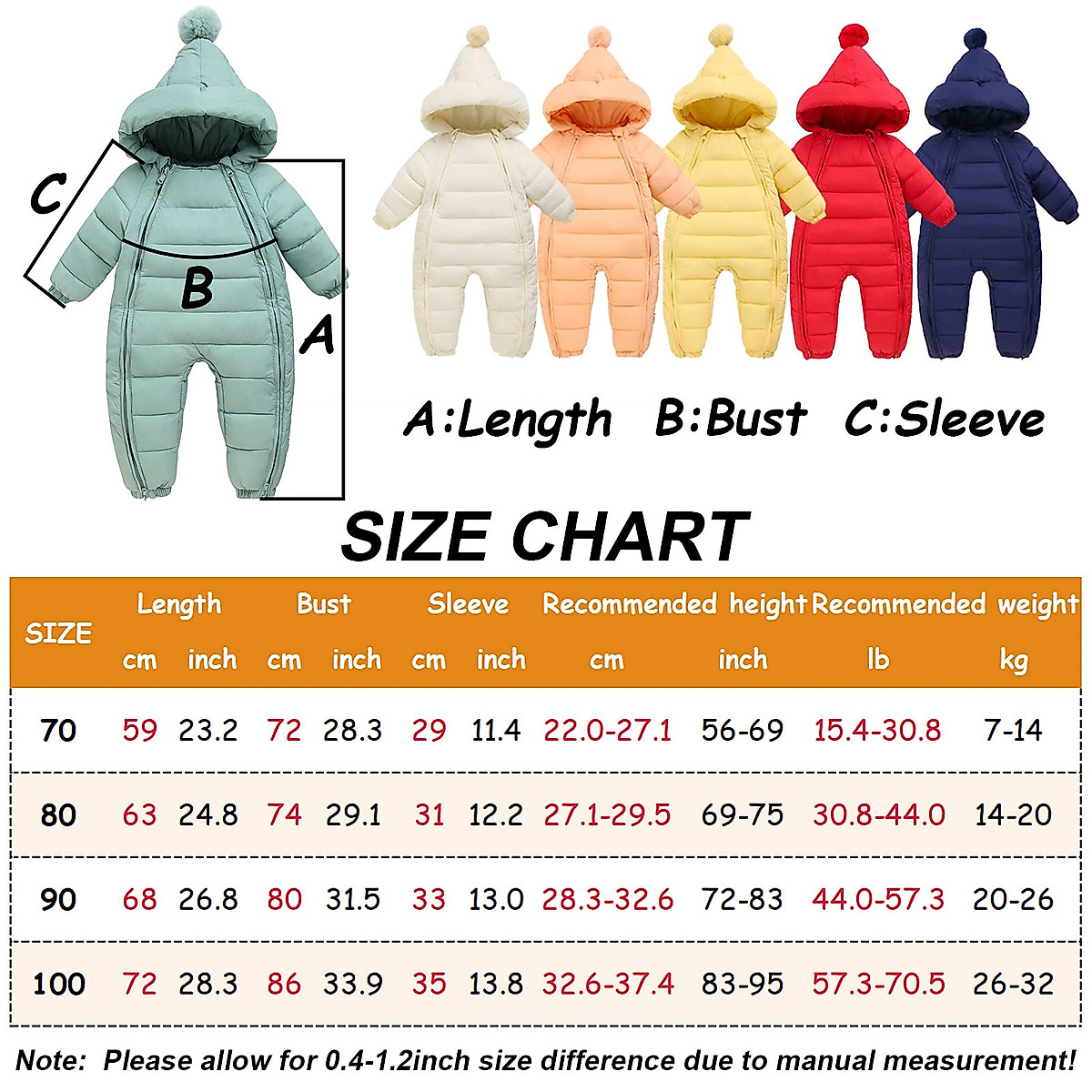 Happy Cherry Jumpsuit for Baby Boy Girls One Piece Snowsuit Hoodie Outerwear Jackets Coats Snow Suits Winter Soft Warm Bodysuit Infant Toddler Bunting Suits with Adjustable Shoes Green