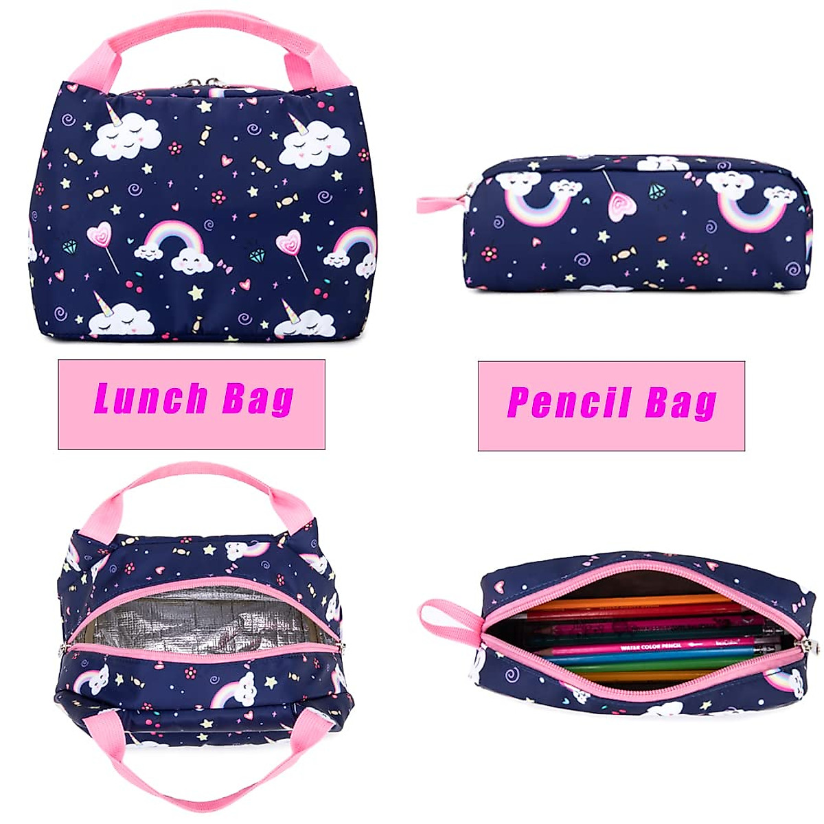 Dafelile Backpack Unicorn for Girls School Preschool Backpack for Girls School Bookpack Set with Lunch Bag Pencil Bag(Navy Pink)