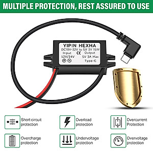 YIPIN HEXHA DC 24V/12V to 5V USB Type-C Right Angle Step Down Converter Output 3A 15W Buck Module Power Adapter, Compatible with Raspberry Pi 4, Mobile Phones