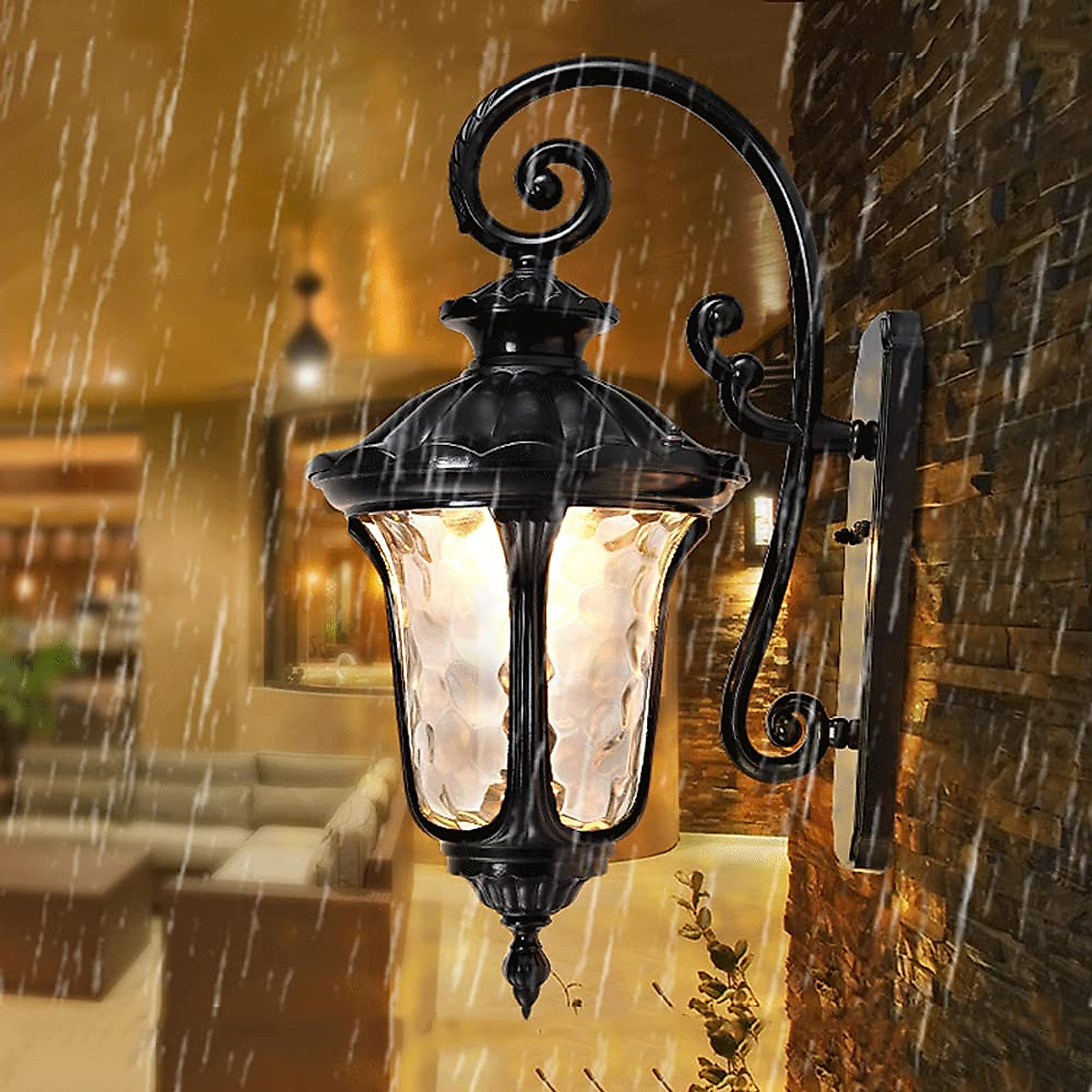 KAIKEA Outdoor Wall Lanterns Exterior Wall Mounted Sconce Light E27 Aluminum Waterproof Wall Light Fixtures for Home Patio Garden Garage Farmhouse Porch Lighting with Water Glass（Black）