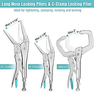 DURATECH 6-Piece CR-V Locking Pliers Set, 6-1/2”, 9-1/2” Long Nose Locking Pliers, 5”, 7” and 10” Curved Jaw Locking Pliers, 6” C-clamp Locking Pliers, Fast Release with Oxford Rolling Pouch