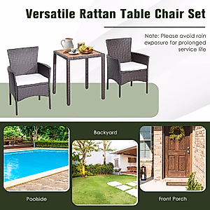 Tangkula 3 Pieces Patio Furniture Set, Outdoor Mix Brown Wicker Dining Set w/Acacia Wood Top Table, Comfortable Cushioned Chairs, Space-Saving Rattan Conversation Set for Garden, Backyard, Porch