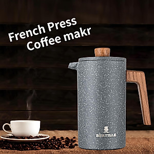 BERTILLE french press coffee maker, 34OZ 304 food stainless steel French press coffee maker with solid wood handle, double-layer insulation and 3-layer filtration system (starry sky gray)