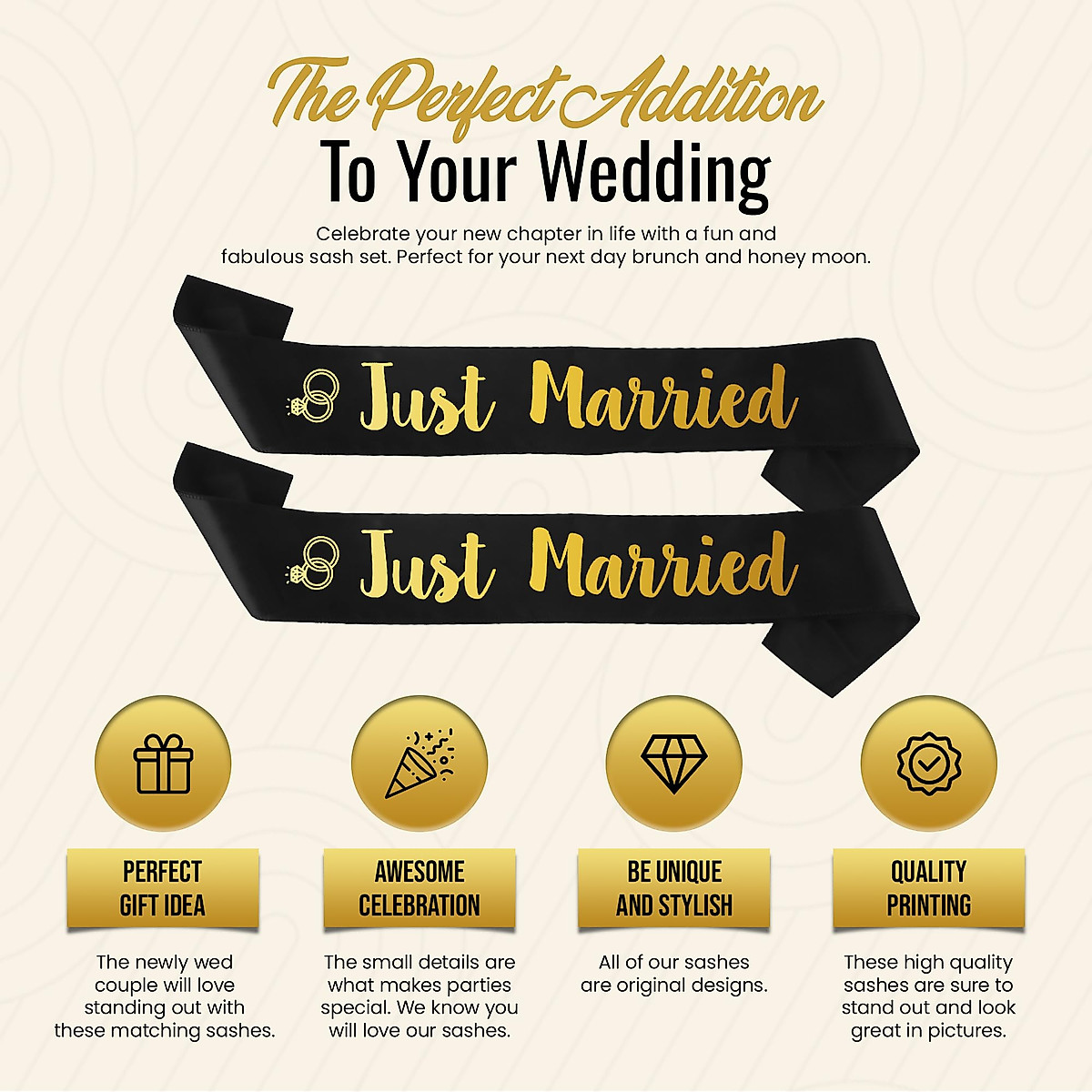 Just Married Sash - 2 Piece Gold Bride and Groom Sash Set | Wedding Party Decorations Bridal Shower Engaged Decor Bachelorette Favors Supplies Gift Decor Bachelor Accessories Engagement Gifts Ribbon