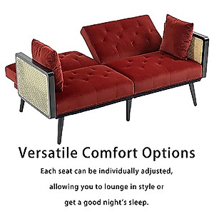 Velvet 2 in 1 Futon Sofa Bed,61" Adjustable Couch Sleeper,Modern Upholstered Loveseat with 2 Pillows,Convertible Folding Fabric Small Love Seat for Living Room Apartment Small Space (Red)