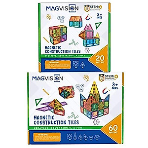 MagVision 80-Piece Magnetic Building Tiles Set, Stem Magnetic Building Blocks, Extra Strong and Safe Magnets, Stem Toys, Magnetic Blocks, Educational Toys for Children Ages 3+ Years
