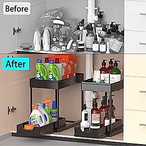 2 Packs Under Sink Organizers and Storage, 2 Tier Under Sink Sliding Cabinet Basket Organizer with 4 Hanging Cups and 8 Hooks, Multi-Purpose Storage Shelf for Bathroom Kitchen