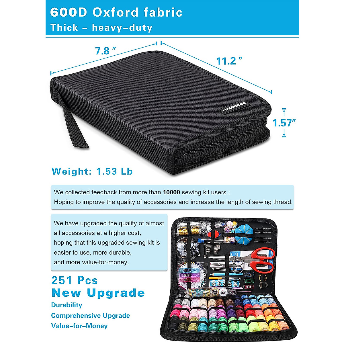 Large Sewing Kit for Adults: YUANHANG Newly Upgraded 251 Pcs Premium Sewing Supplies Set - Complete Sew Kit of Needle and Thread for Beginners - Travel Emergency - Basic Home Hand Sewing Repair Kits