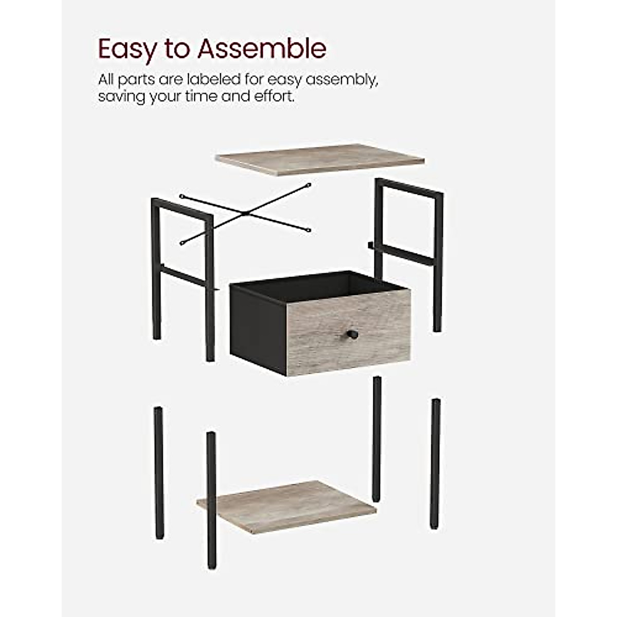 VASAGLE Nightstand, Side Table with Fabric Drawer, 24-Inch Tall End Table with Storage Shelf, Bedroom, Greige and Black ULGS021B02