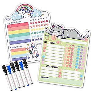Willa Flare Fridge Chore Charts | Magnetic Chore Chart for Multiple Kids and Adults | Helps to Reward Responsibility with Family Chores Charts | Wet and Dry Erase Markers (Unicorn and Gray Cat)