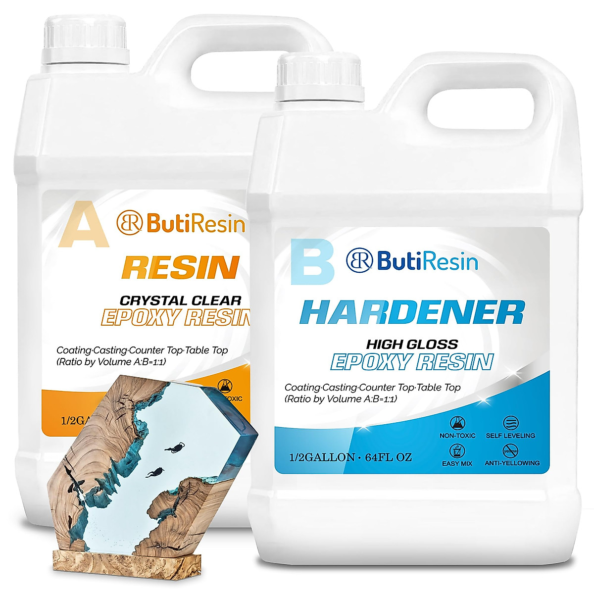 Epoxy Resin Crystal Clear 1 Gallon Kit, Self Leveling Bubbles Free Coating and Casting Resin and Hardener for Countertop, Table Top, Crafts, DIY Art, Wood, Jewelry, Molds, Bar Top 1:1 Ratio