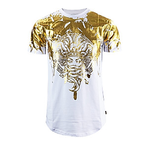 SCREENSHOT-S11279 Mens Hip-Hop Streetwear Premium Quality Urban Tee - Snake Head Masked Medusa Goddess Gold Foil Embossed Gel Print T-Shirt-White-Large