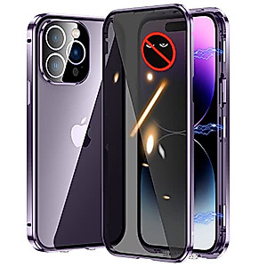 KumWum Privacy Screen Protector for iPhone 14 Pro Max Case Full Body Magnetic Buckle Metal Bumper Slim Thin Front and Back 360 Protection with Camera Lens Protector Cover - Purple