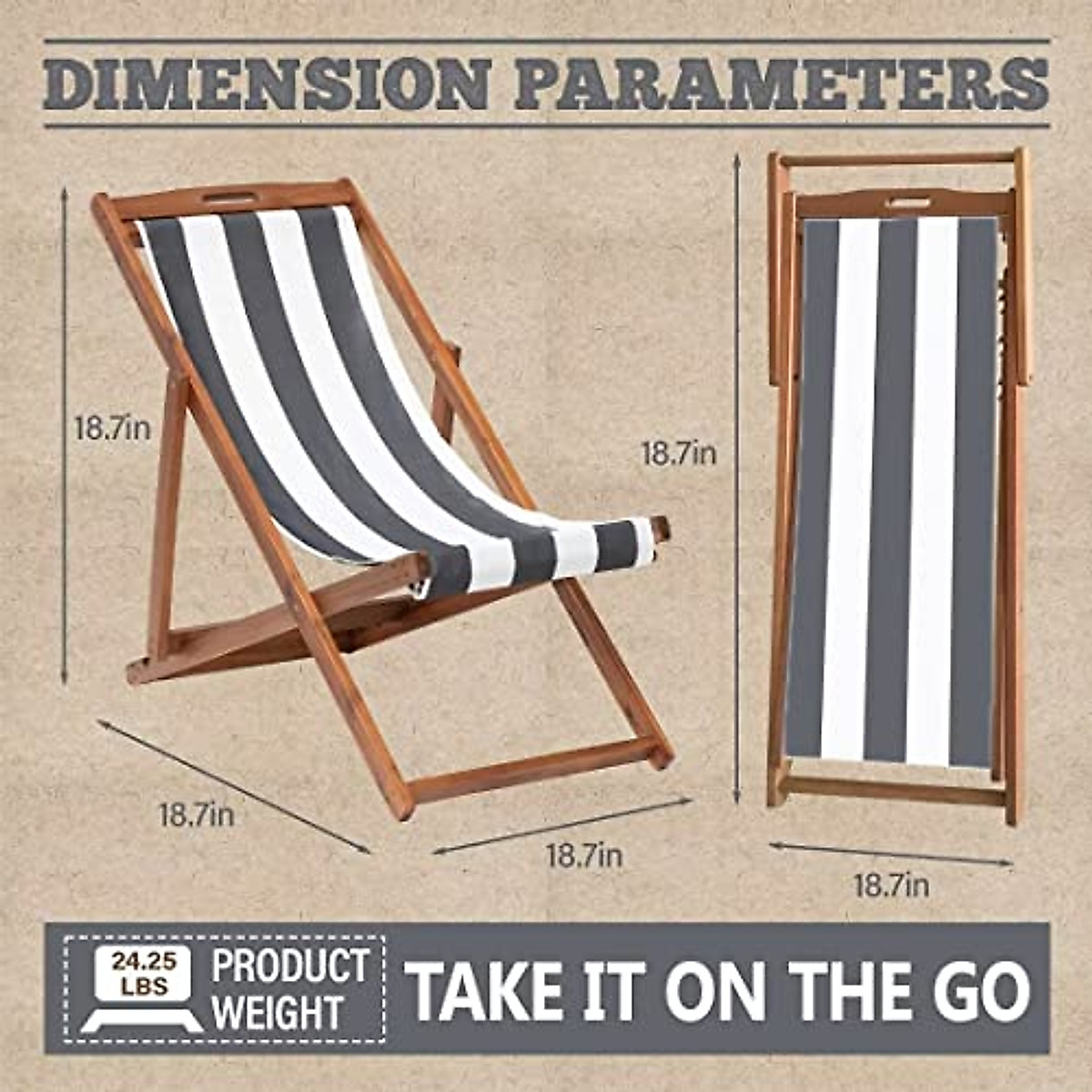 Beach Chair Lounge Chair 2 Set Outdoor Wooden Patio Beach Sling Chair Adjustable Portable Folding Chairs for Outside with Polyester Canvas Lounging Chair for Garden, Backyard, Poolside, Balcony(WB)