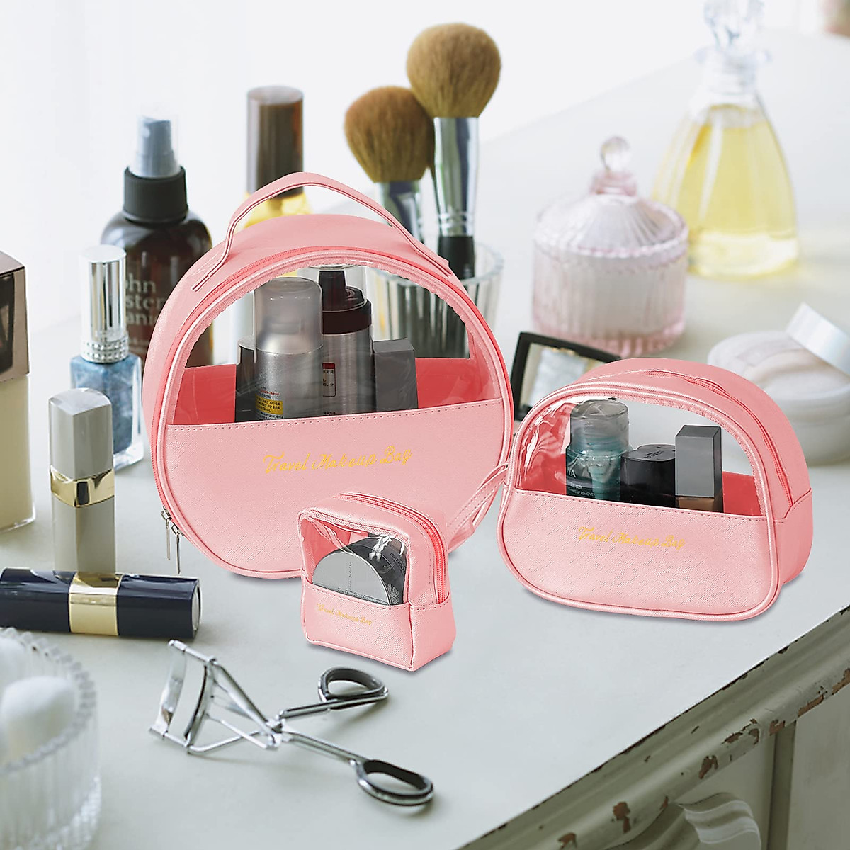 ZIOSINM Makeup Bag set, 3 Pieces Travel Make up Bag with Large Capacity, Clear & Waterproof Cosmetic Bags, Wash Bags Toiletry Bags for Travel (pink)