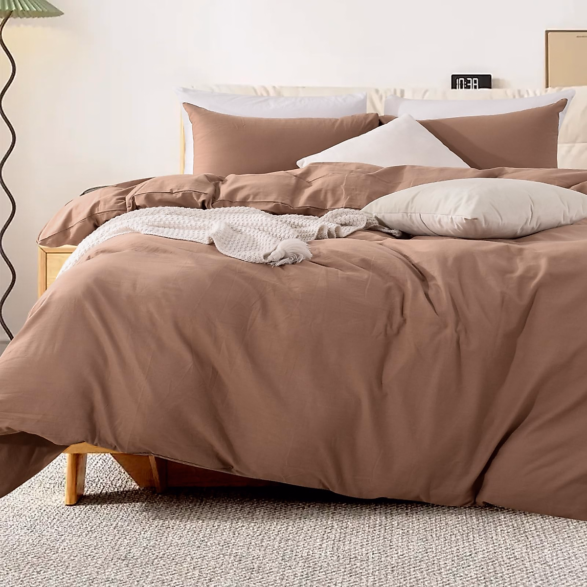 NEXHOME PRO Duvet Cover Set Queen Size Linen Textured Organic Natural 100% Washed Cotton Duvet Cover Mocha Brown 3 Pieces Bedding Set with Zipper Closure, Breathable, Soft (No Comforter)
