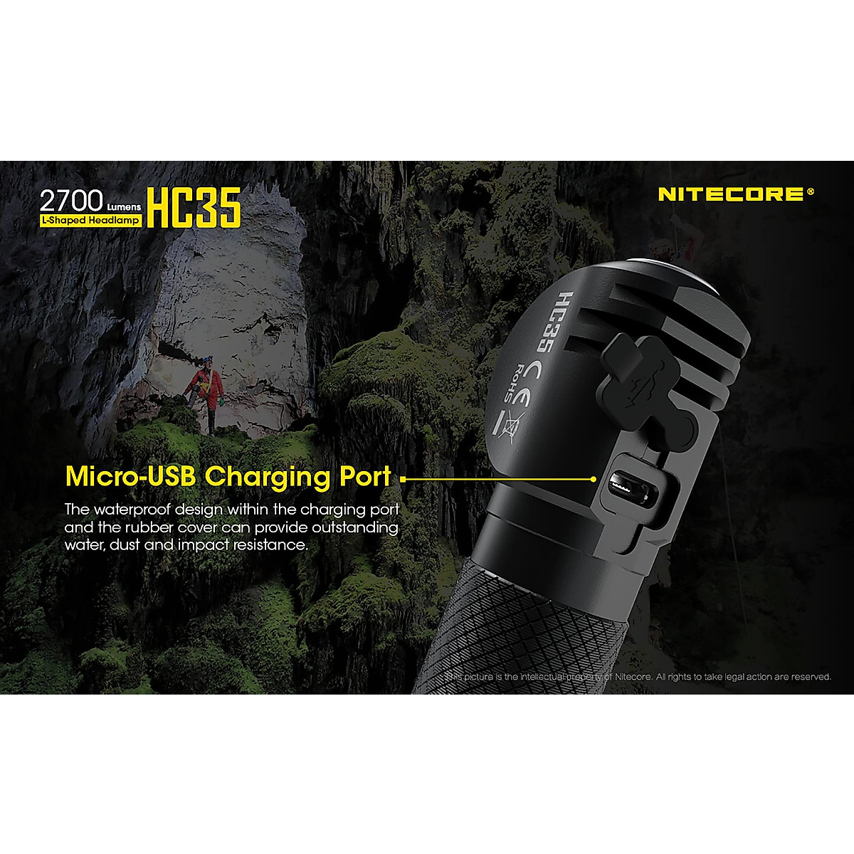 Nitecore HC35 Headlamp Flashlight with Battery, 2700 Lumen USB Rechargeable L-Shape Detachable with LumenTac Organizer