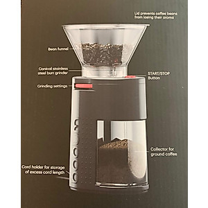 Bodum Bistro Standard Conical Burr Electric Coffee Grinder, 12 Inches, Black